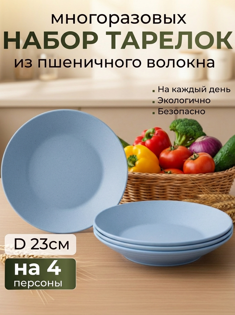 Набор тарелок GREENKA, пшеничное волокно, голубые, 750мл, 4шт