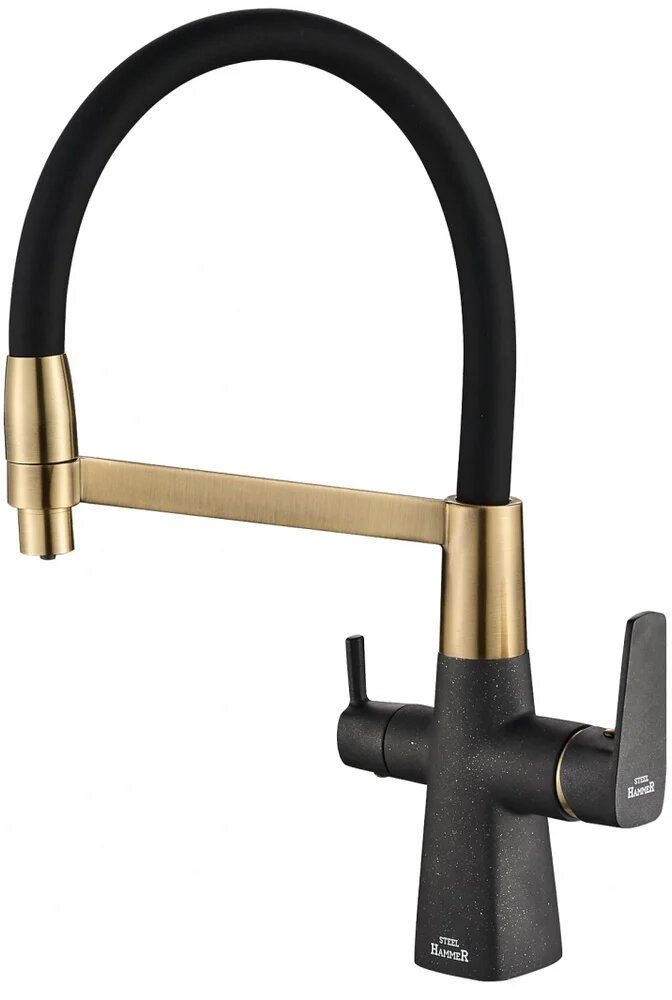 Смеситель для кухни Steel Hammer SH 818-6 BLACK BR с краном для питьевой воды, с поворотным изливом, бронзовый, черный, матовый, однорычажный, латунный, с керамическим картриджем