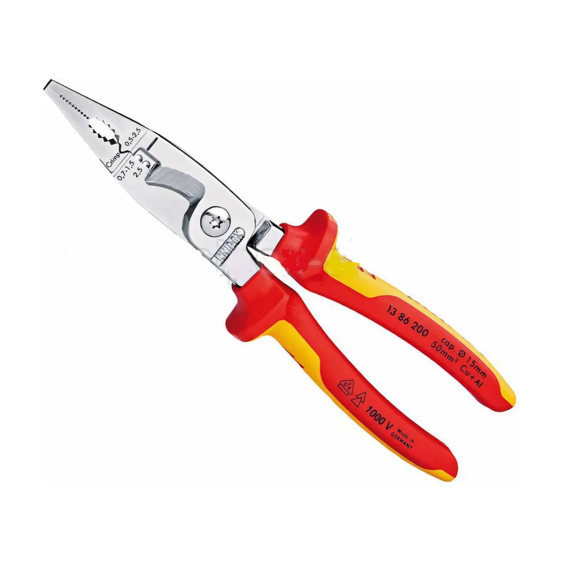 Плоскогубцы KNIPEX KN-1386200 универсальные, 200 мм, сечение 0.75–1.5 мм² и 2.5 мм², карасный/желтый