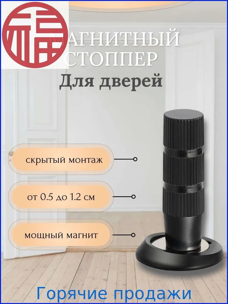 Стоппер магнитный. Напольный ограничитель стоппер скрытого монтажа с магнитной плоской накладкой и металлическим стержнем для защиты межкомнатной двери/ Just a shop