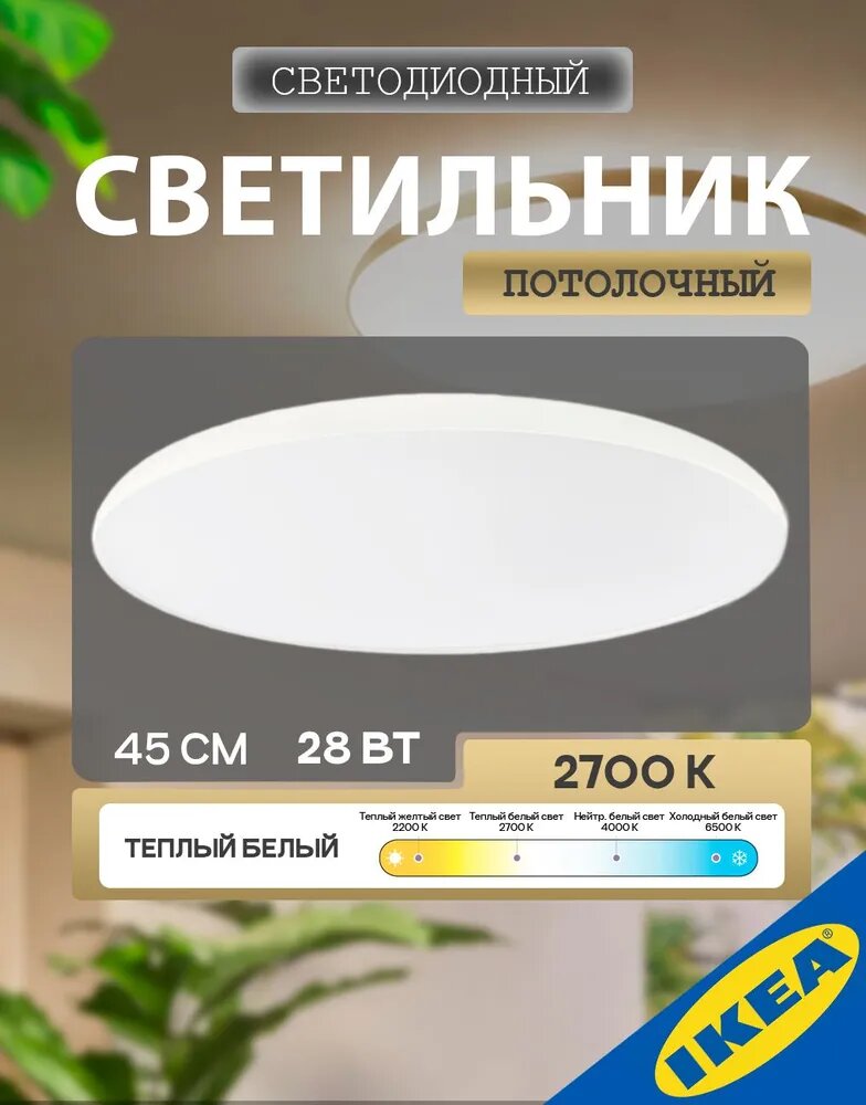 Светодиодный потолочный светильник 28 Вт 1800 Лм 2700 К, белый IKEA NYMАNE нимоне