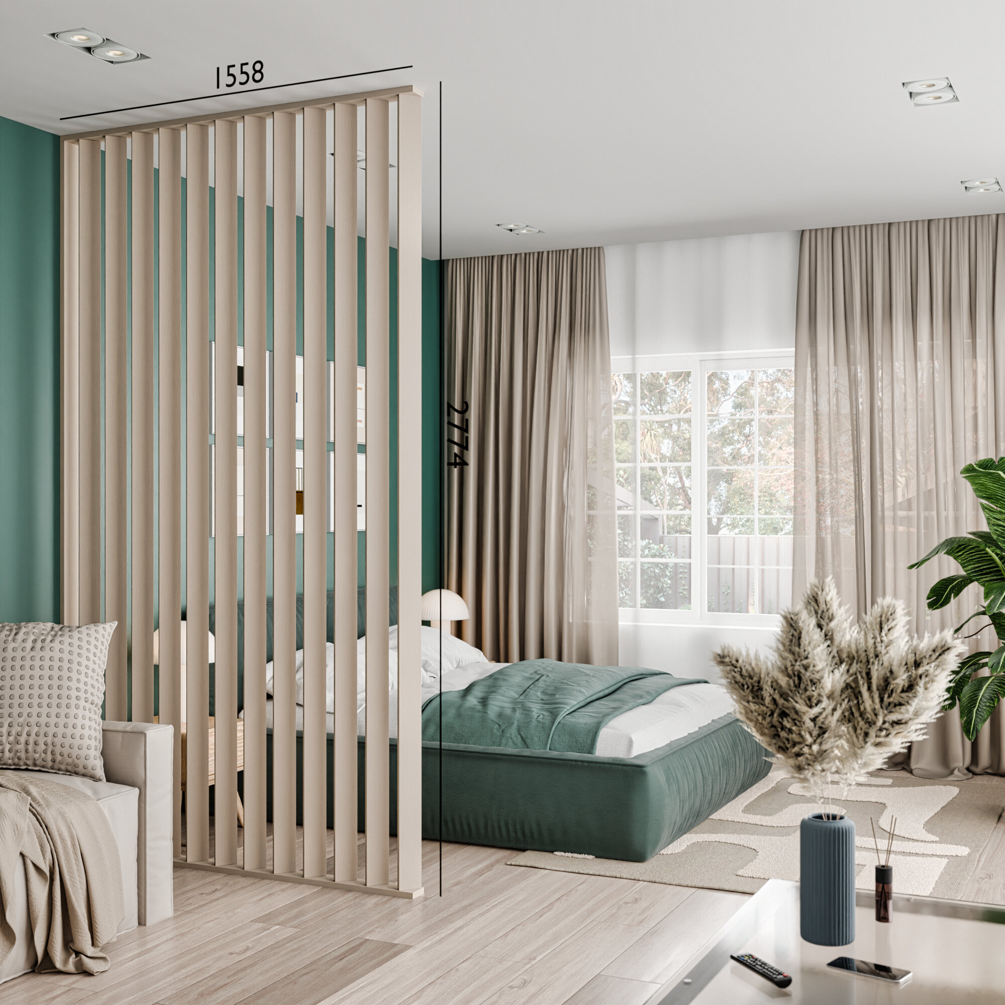 Реечная перегородка для зонирования комнаты 1558 мм, Кашемир