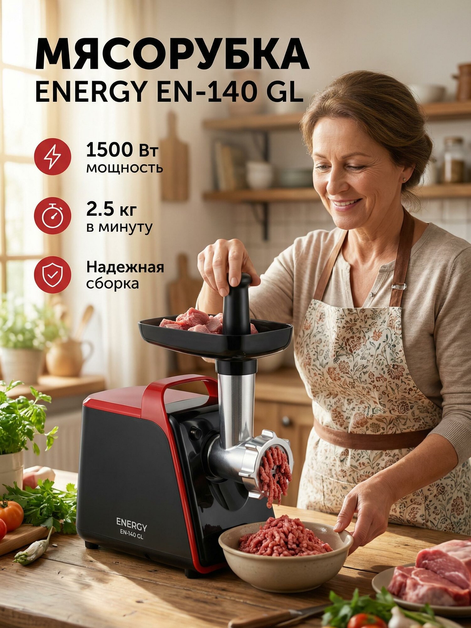 Электрическая мясорубка ENERGY EN-140 GL, мощность 500 Вт, стальная оболочка, компактная конструкция.