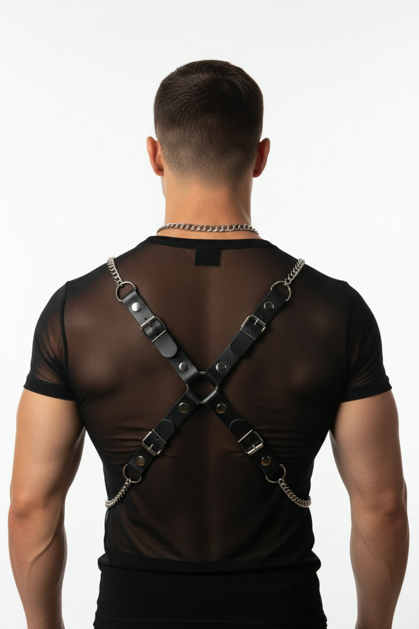 Портупея мужская, натуральная кожа, с цепочками, черная, двусторонняя