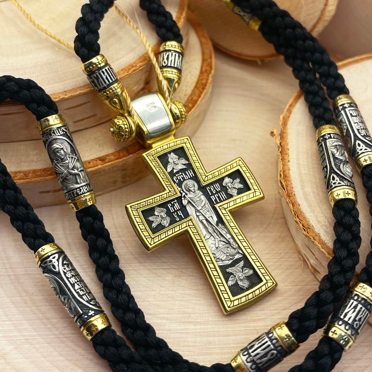 Крестик Русские Мастерские, серебро, 925 проба, золочение, оксидирование, чернение