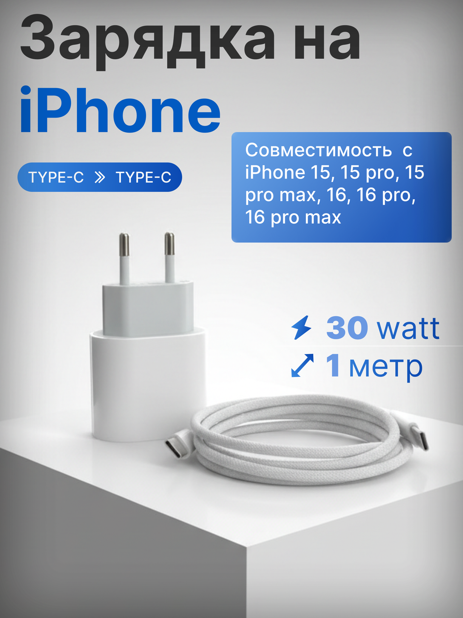 Быстрая зарядка для айфон iPhone 15, 16 PRO MAX PD и Android, 30W + кабель type-c / 1 метр