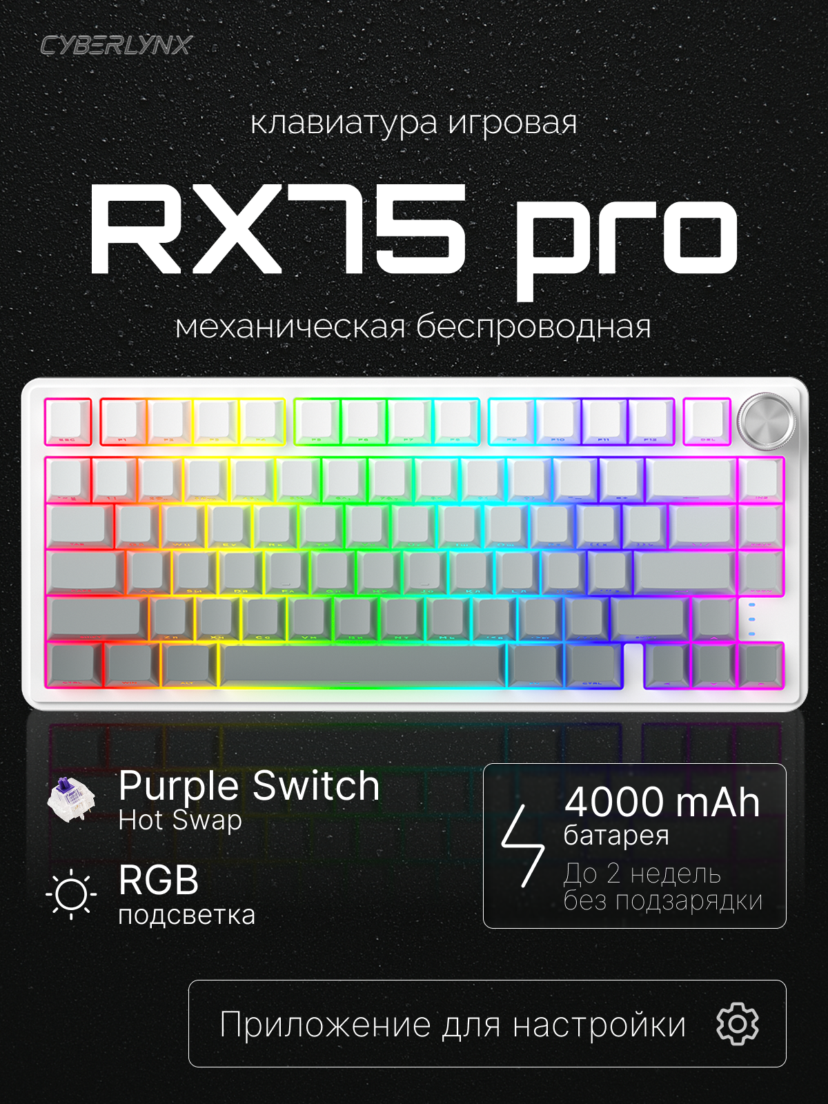 Клавиатура игровая механическая RX75 Pro, Purple Switch, 75%, RGB, беспроводная