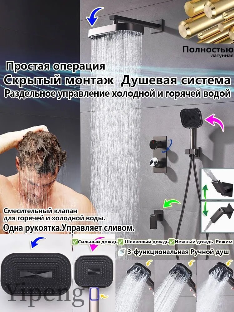 Душевая система с тропическим душем и смесителем, Холодная горячая вода,3 функция Серый металлик
