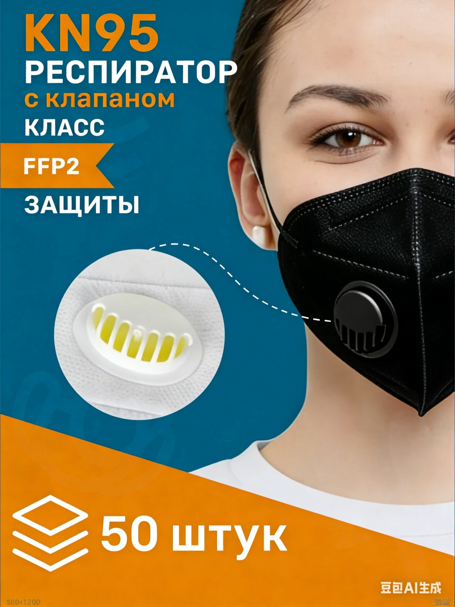 Респиратор KN95, FFP2, с клапаном дыхания, многоразовый, черный, 50 штук