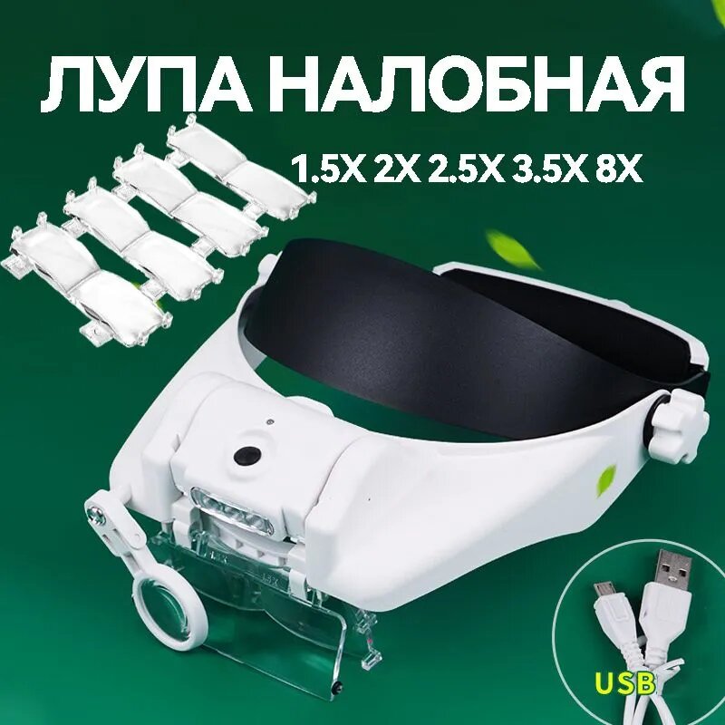 TTAKA7 Лупа 8-кратная, налобная лупа с подсветкой 1.5X-8X, USB-зарядка, для ремонта электроники, рукоделия, чтения