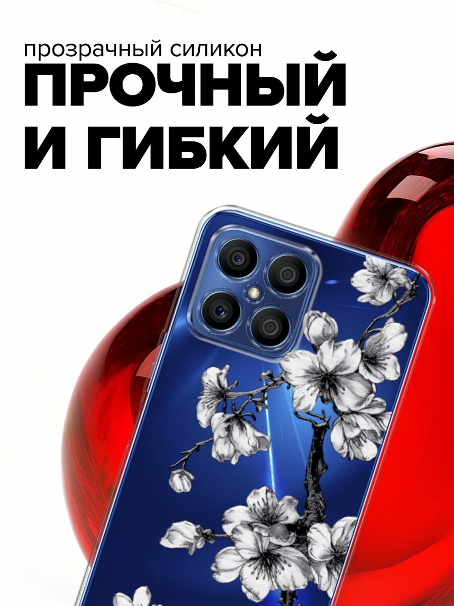 Силиконовый чехол на Honor X8 / Хонор Х8 с принтом Ветка сакуры серая — фото 1
