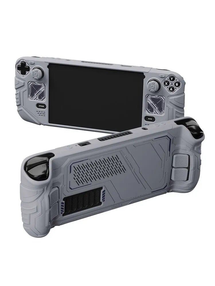 PlayVital Чехол Mecha для Steam Deck OLED LCD, Силиконовый Противоскользящий Защитный Кейс с Накладками на Стики, Серый