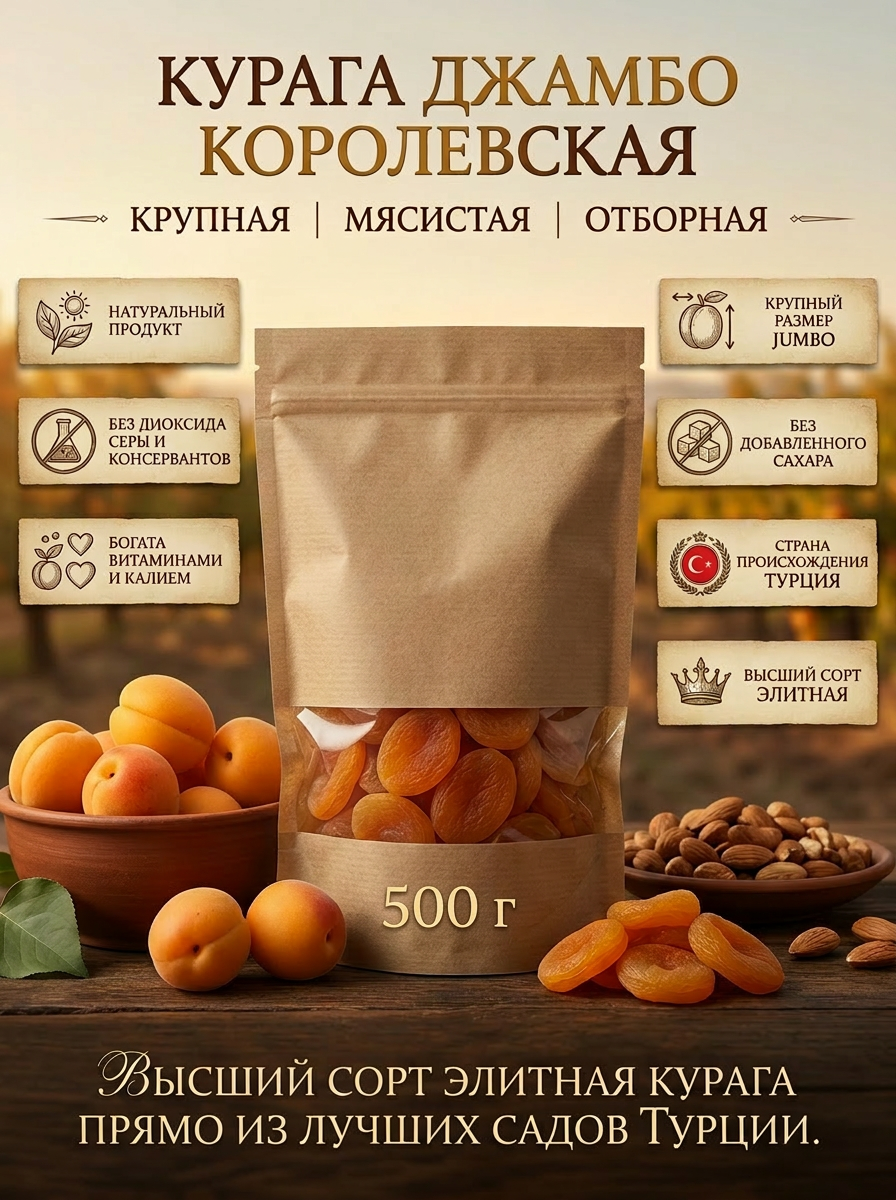 Курага джамбо королевская отборная, сушеный абрикос, желтая (Турция) 500 г