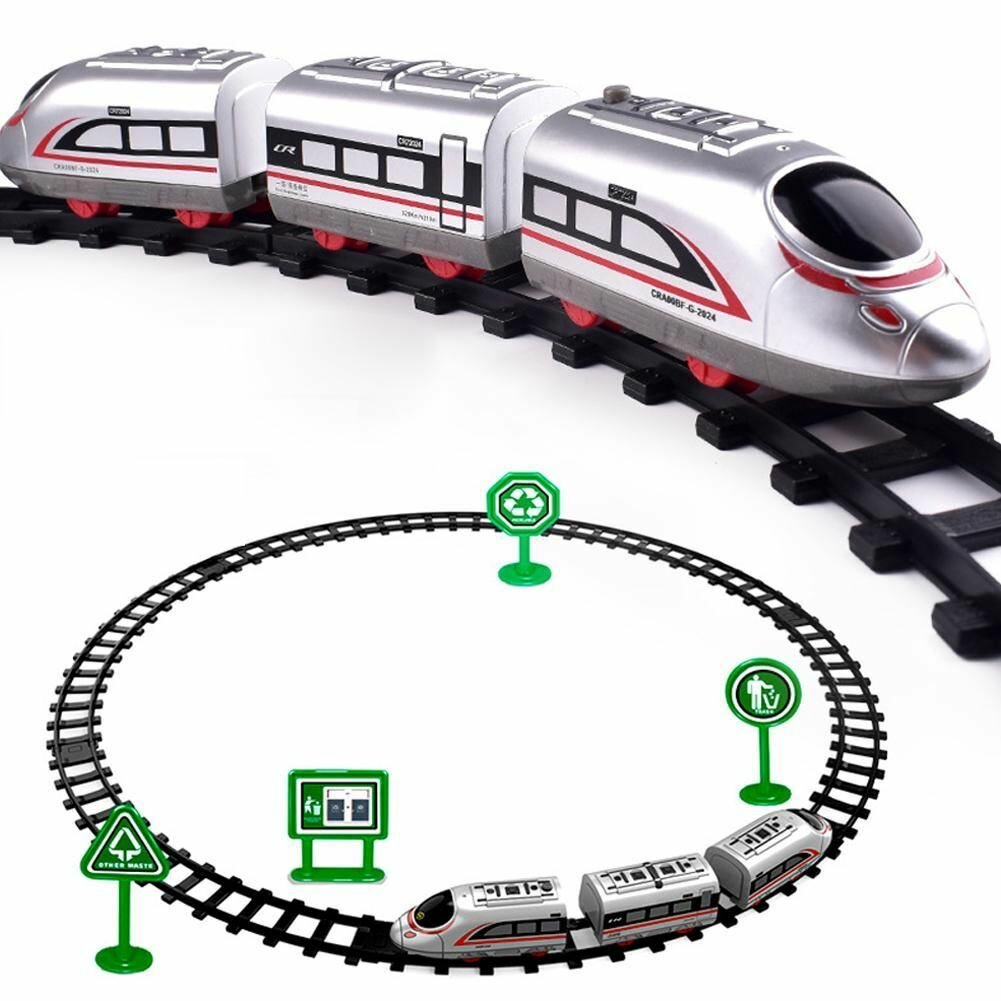 Паровозик игрушка для малышей 1, 2, 3 года, детская железная дорога на батарейках с вагончиками на рельсах для мальчика девочки