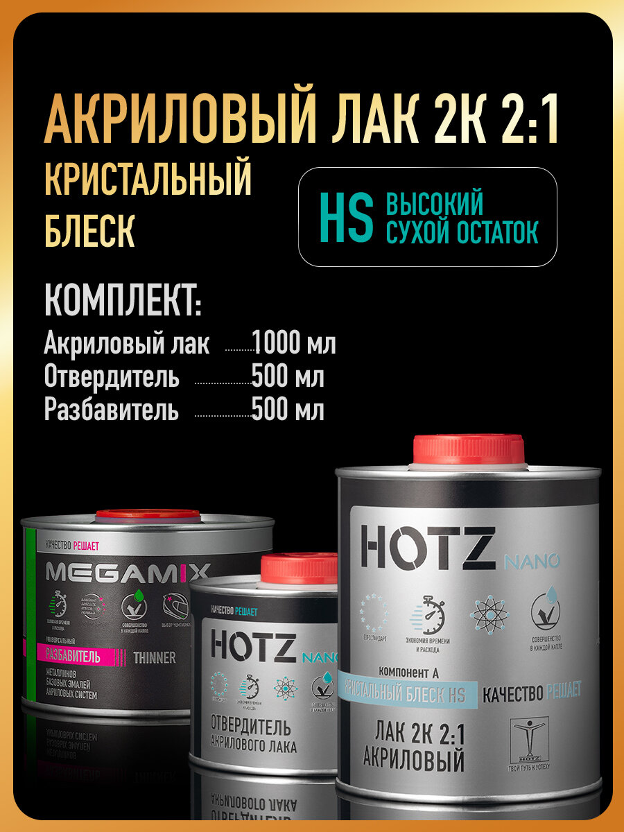 Лак автомобильный акриловый 2К HS кристальный блеск, HOTZ Комплект (лак:1 л + отвердитель:0,5 л + разбавитель:0,5 л)