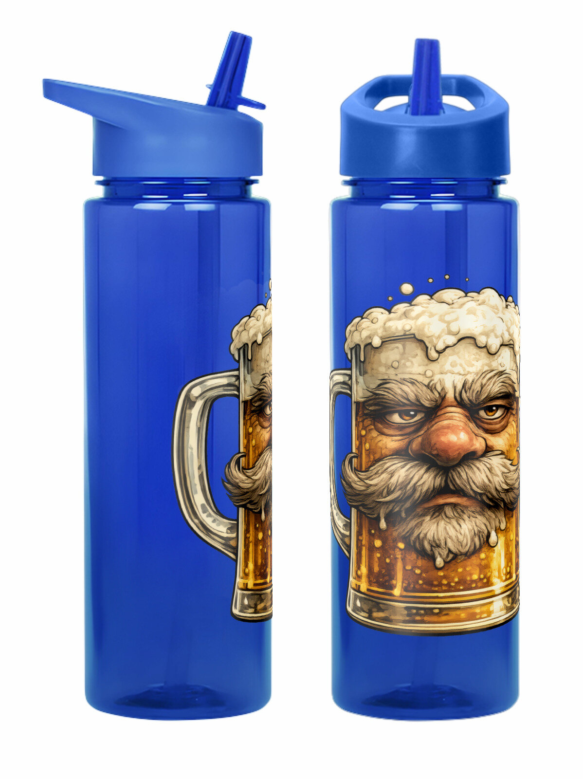 Бутылка синяя для воды с принтом Брутальная кружка пива с усатым лицом