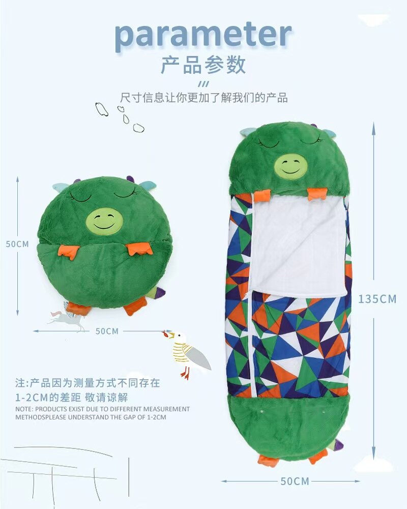 Детский спальный мешок cozy cartoon animal с милыми рисунками единорога и акулы зеленый размер 135*50см