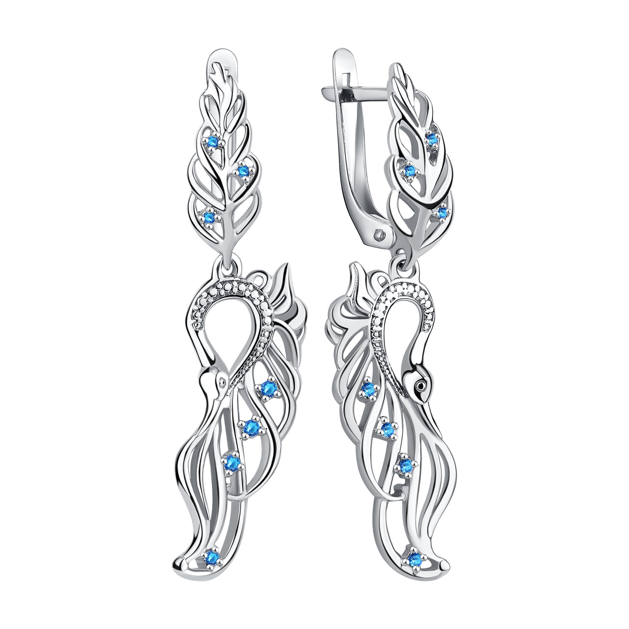 Серьги с подвесками, серебро, 925 проба, родирование, фианит