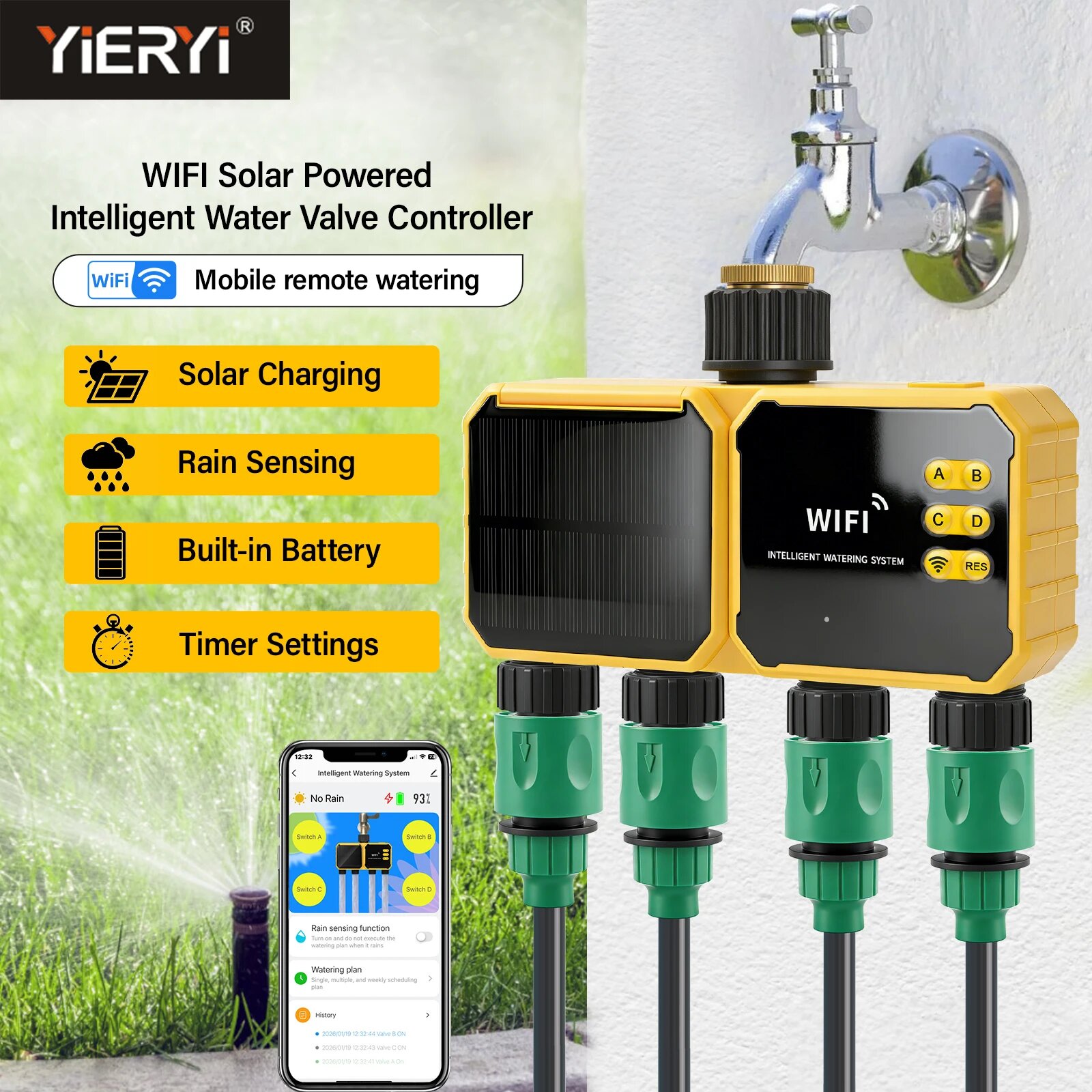 Yieryi Solar WiFi Таймер полива 4 зоны