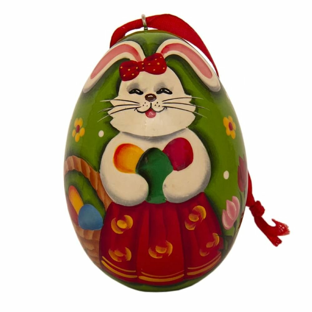 Пасхальное деревянное расписное яйцо на атласной ленте Зайчиха с яйцами 9 см