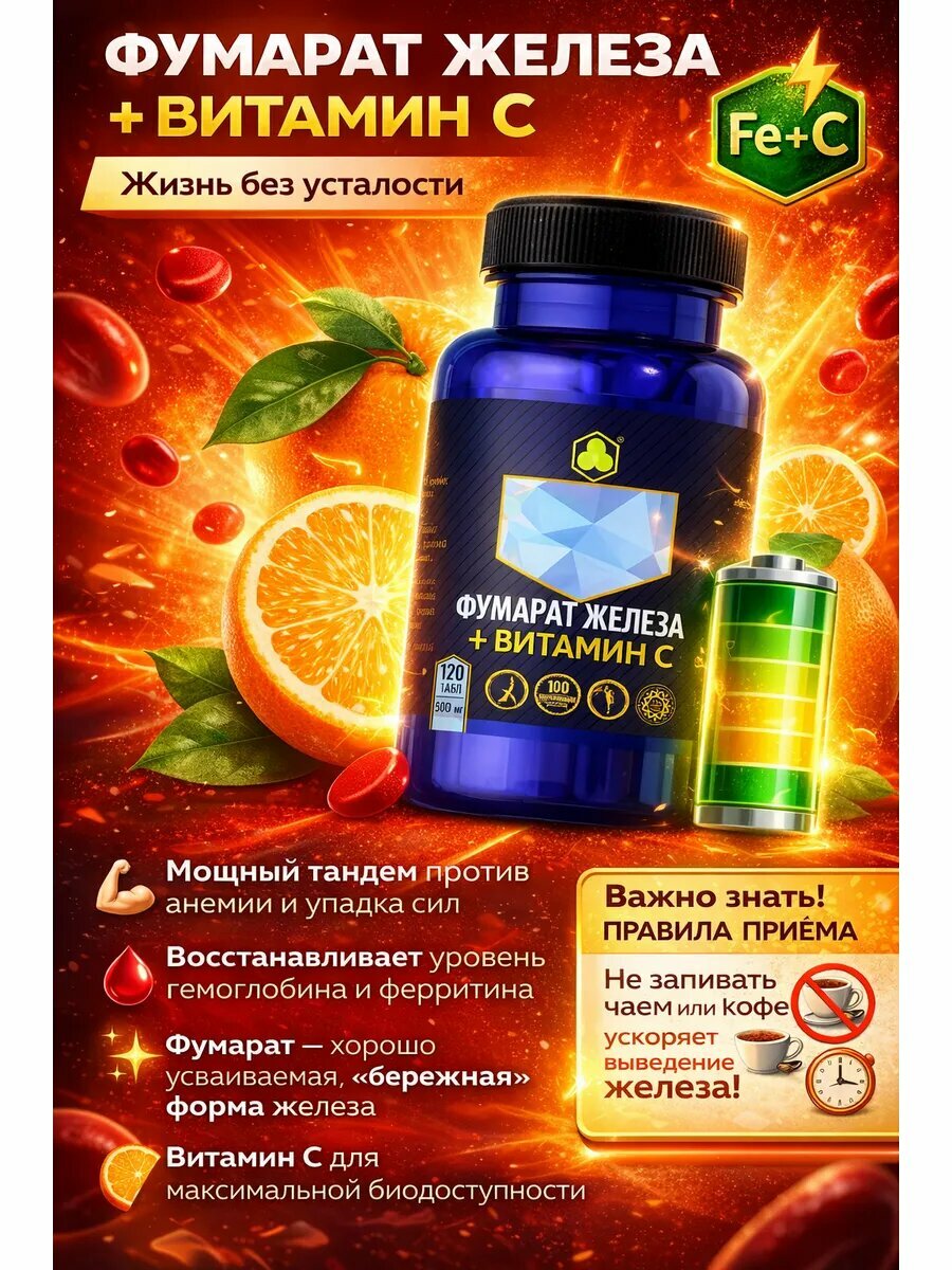Фумарат Железа и Витамин С — Жизнь без Усталости, 120 таб.