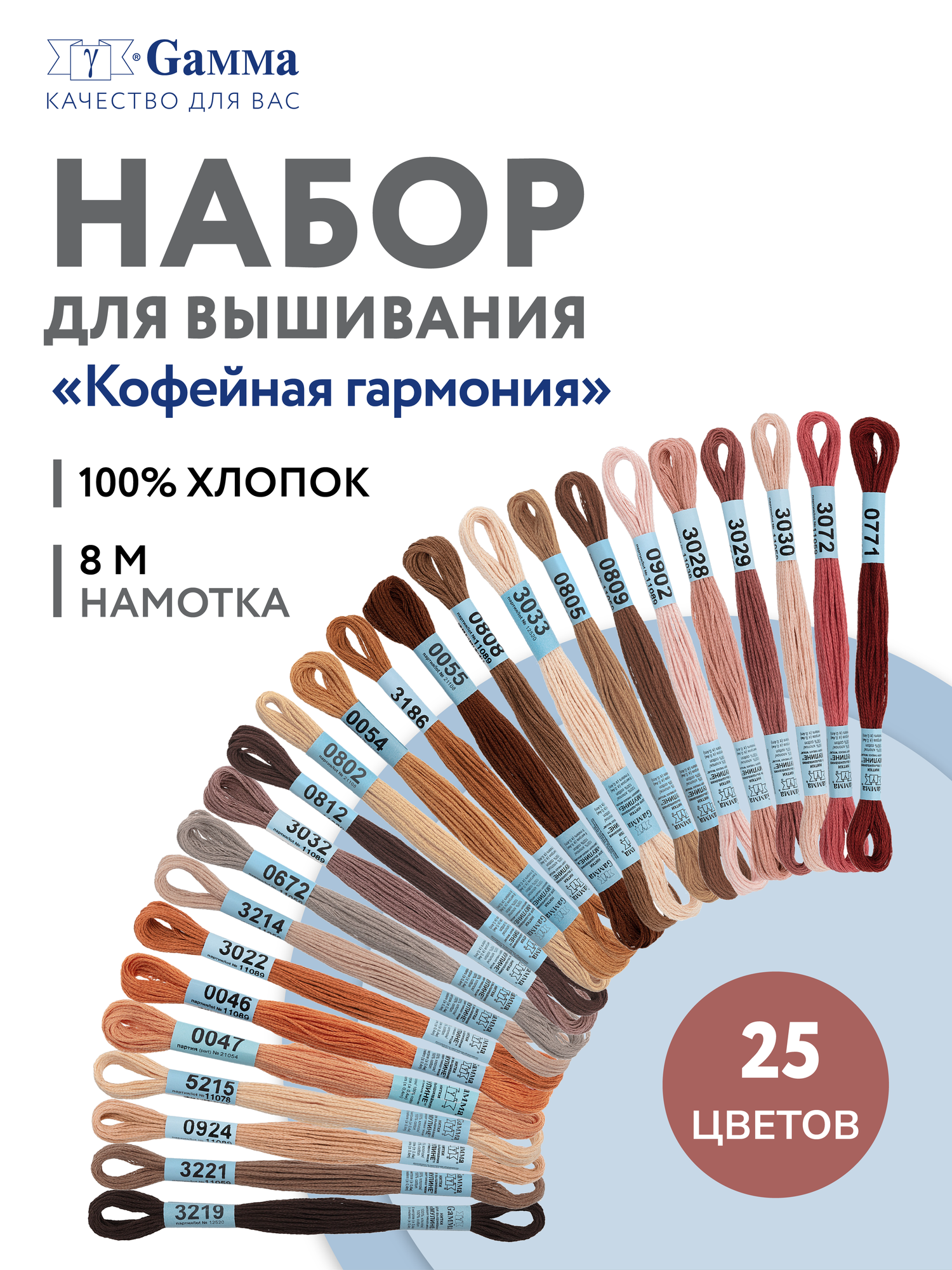 Набор нитки мулине, хлопок, 25 цветов Gamma ПН-25 Кофейная гармония