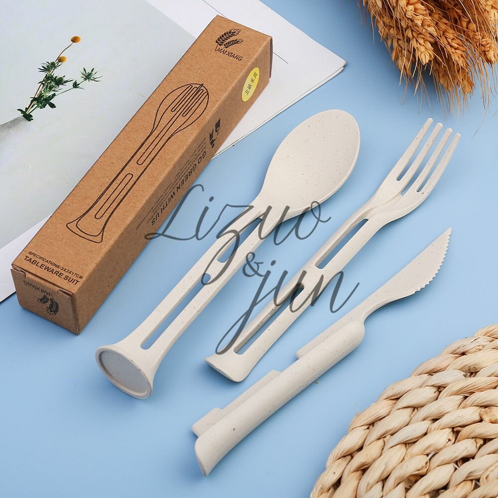 Детский набор посуды из пшеничной соломы, ложка вилка нож 3 в 1, дорожный комплект столовых приборов