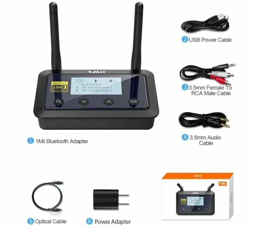 1Mii B03Pro+ Bluetooth 5.0 передатчик приемник сертифицированный LDAC, Bluetooth удлинитель дальнего действия беспроводной аудиоадаптер с экраном, оптический RCA AUX 3,5 мм выход/вход