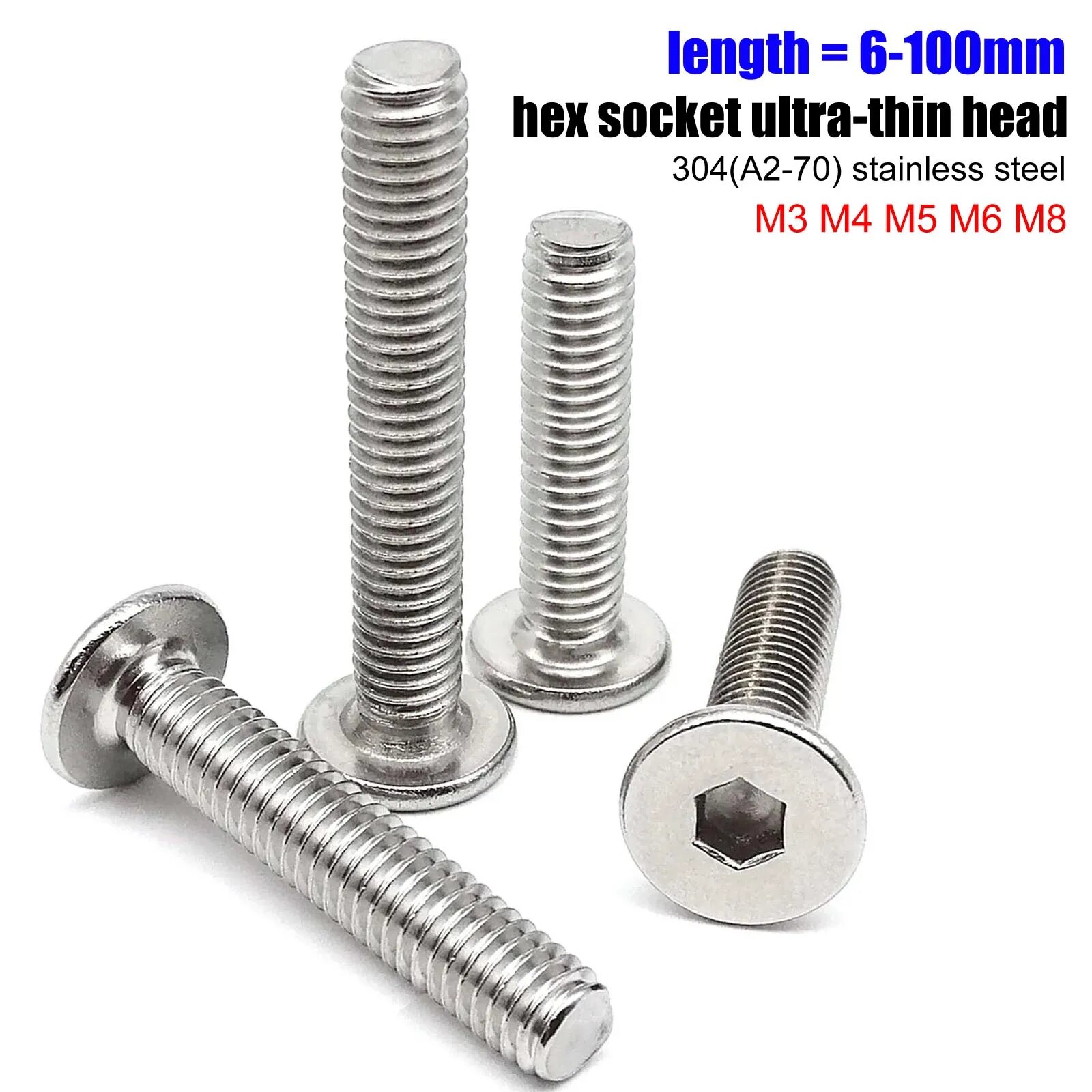 Нержавеющие болты HZYUEGOU М3-М8 6-100 мм M6 10pcs, 80mm