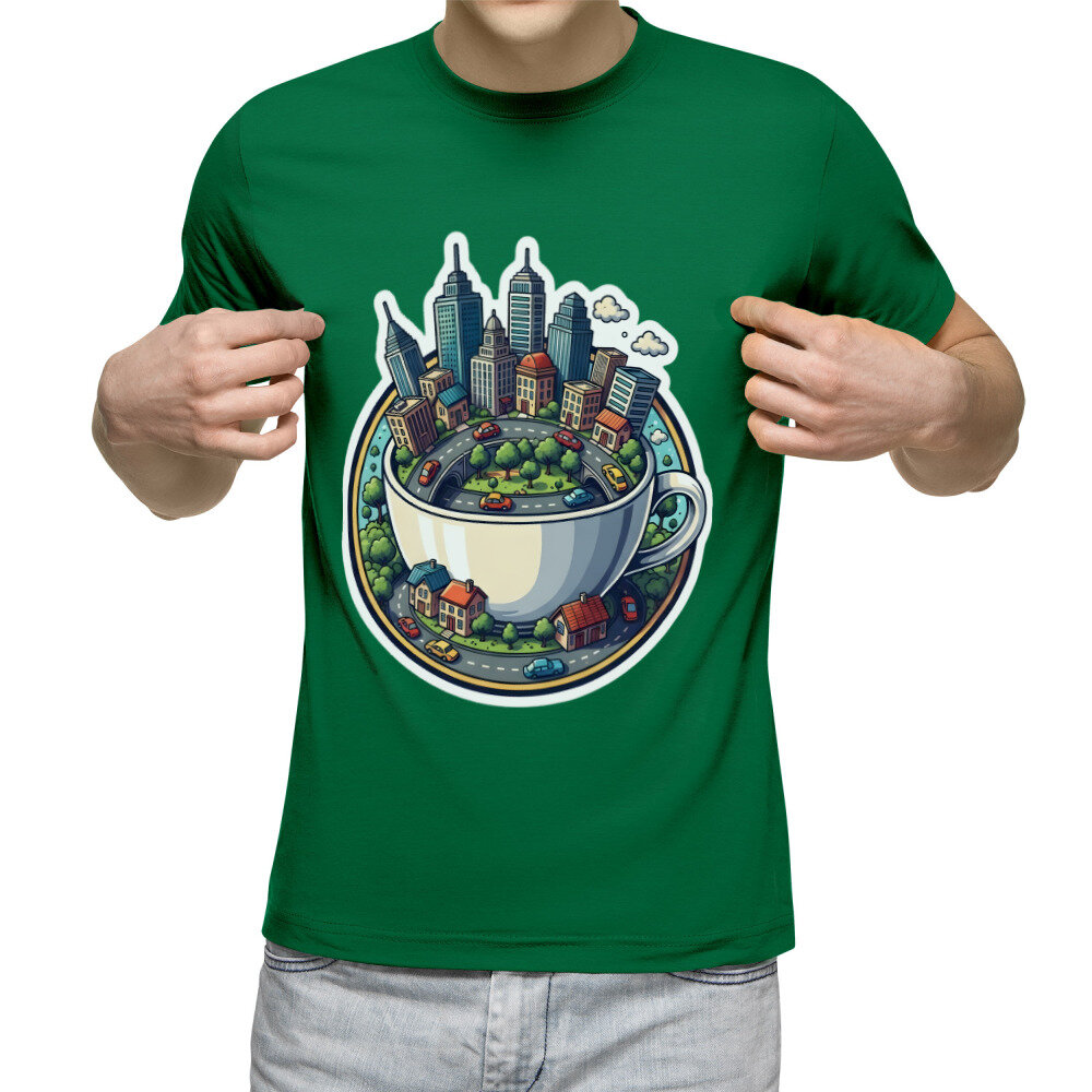 Мужская футболка «Миниатюра, город внутри кофейной кружки» (зеленый, XL)