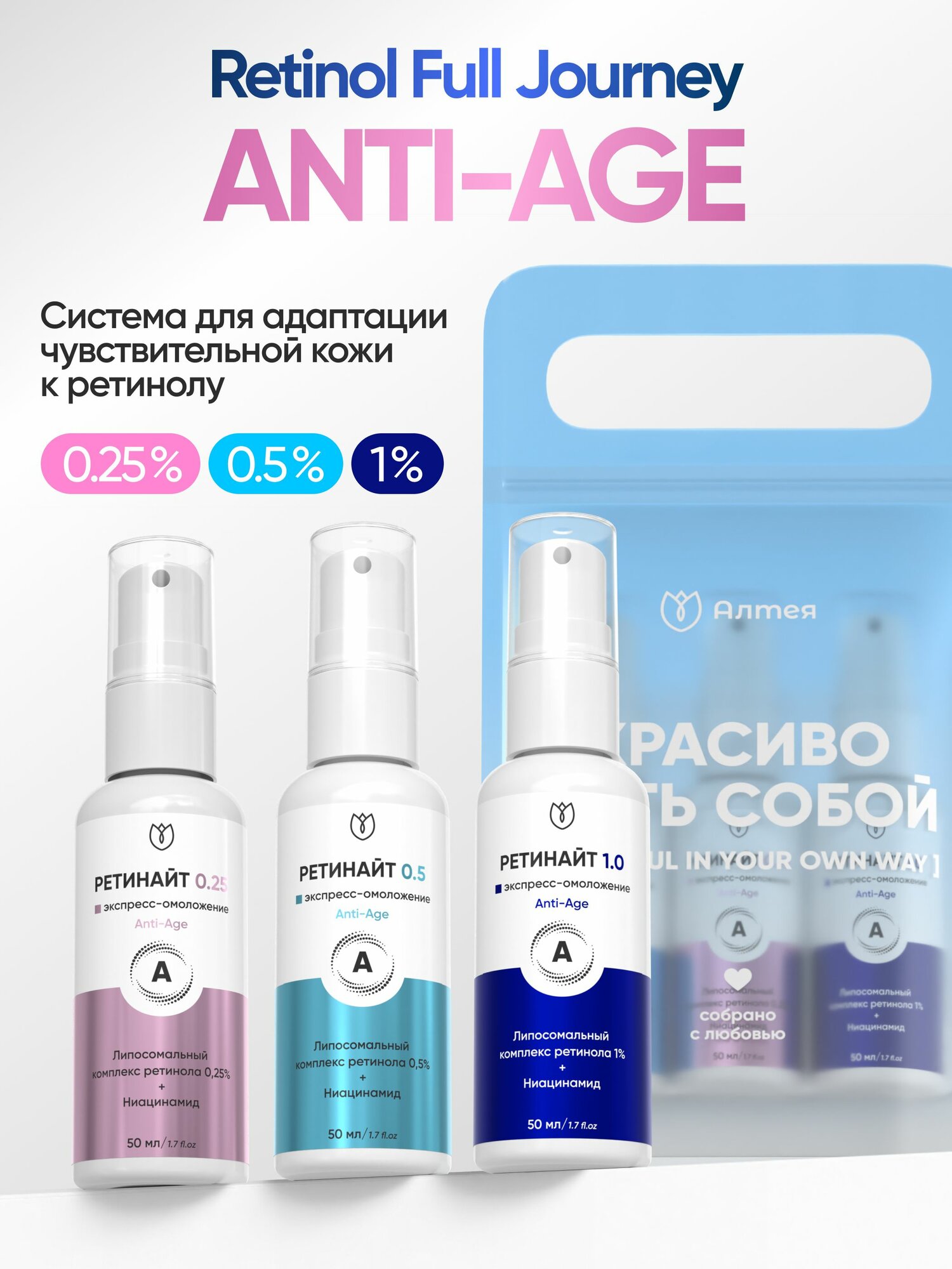 Набор для лица уходовой косметики. Подарочный набор для женщин, для лица антивозрастной Ретинайт 3 шт.