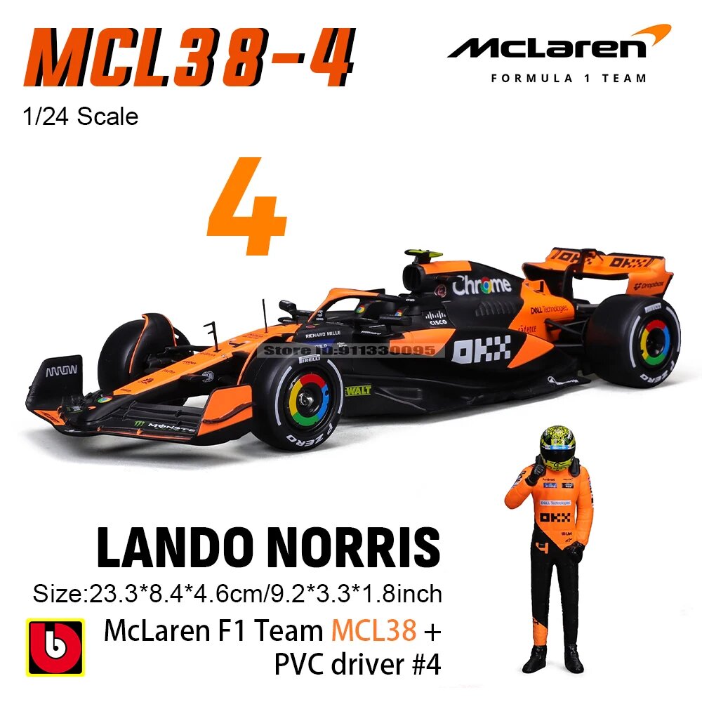 Модель автомобиля Bburago Mercedes-AMG W14 F1 2023 Оранжевый, 2024 MCL38-4 Doll