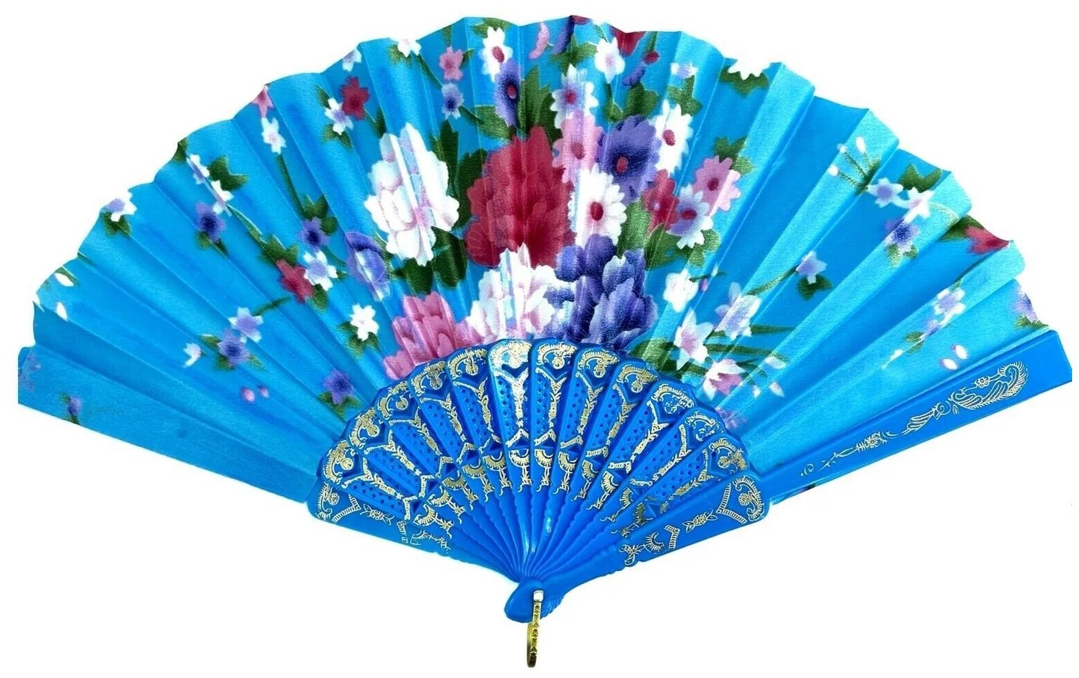 Складной ручной веер из ткани, голубого цвета, размером 23 см