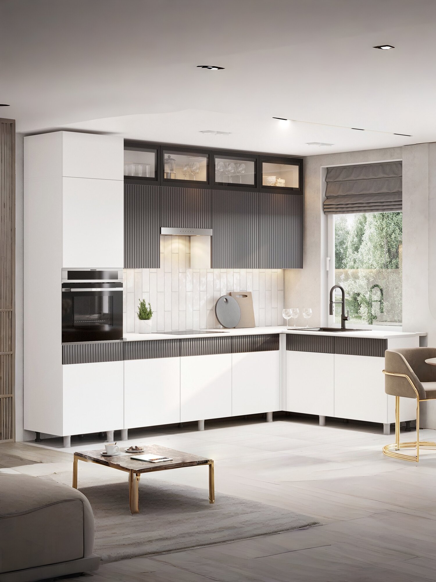 Кухонный гарнитур угловой до потолка "София" размер 3000×1800 мм, МДФ, цвет белый/графит