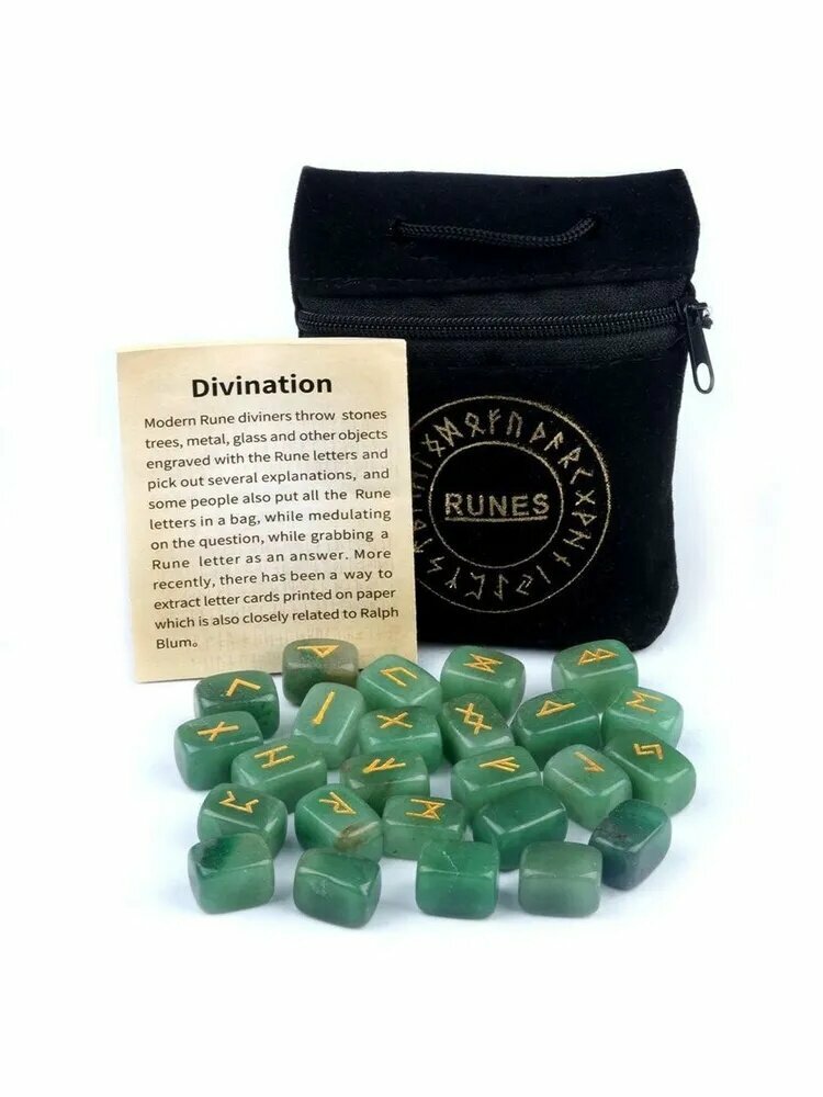 Руны скандинавские для гадания из Зеленого Авантюрина, Набор 25 шт из натурального камня с мешочком и инструкцией на русском. Денежный магнит