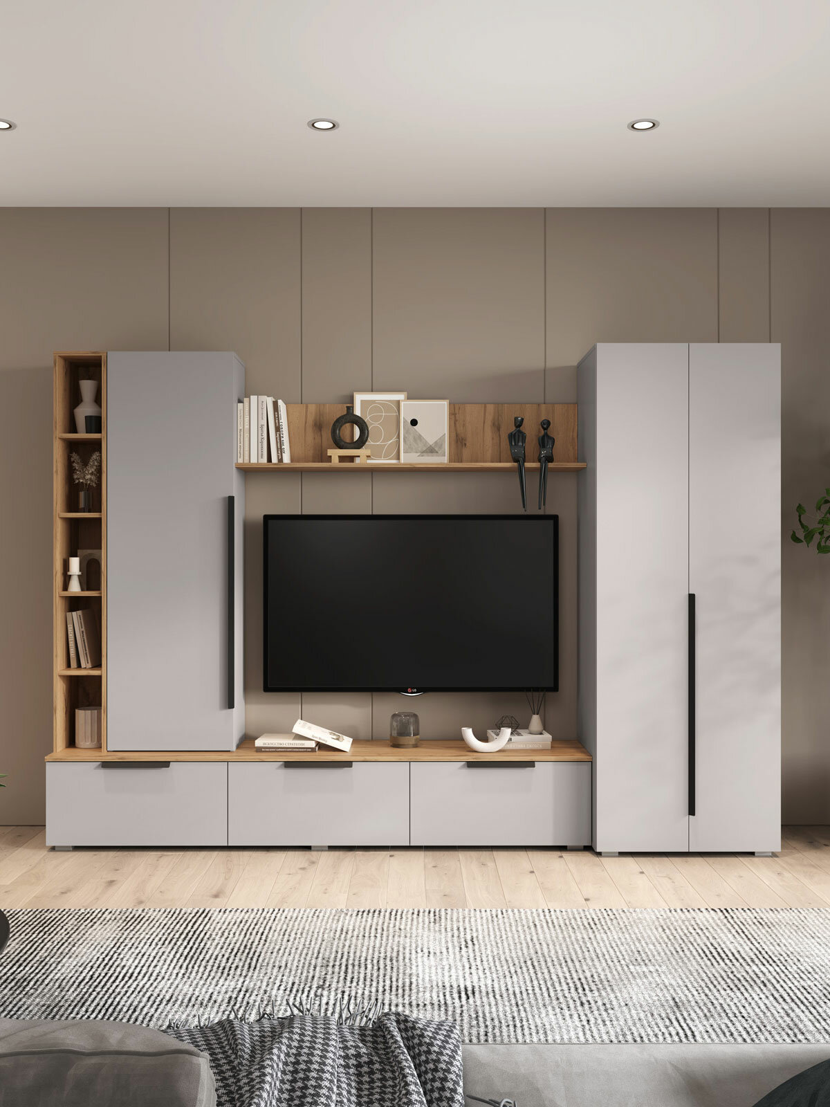 Гостиная комплект Аккорд Макси, ТВ-тумба, шкаф, настенная полка, с полками, со штангой, 268.8х49х186.2 см, Кашемир / Дуб золотой