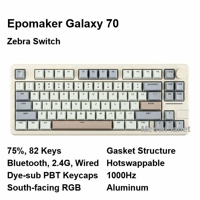 EPOMAKER Игровая клавиатура беспроводная Galaxy70, Zebra Switch, Английская раскладка, серый