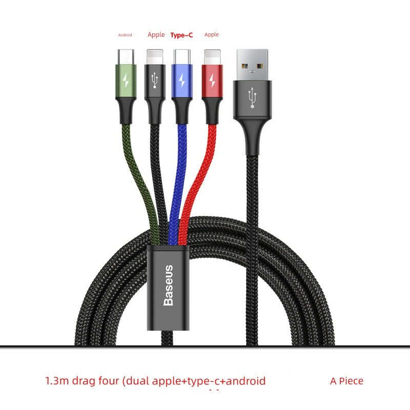 Beast зарядный кабель 1.2м 4 в 1 двойной Apple - Type-C, USB-A, Lightning, Micro USB, черный, один кабель, 1 шт
