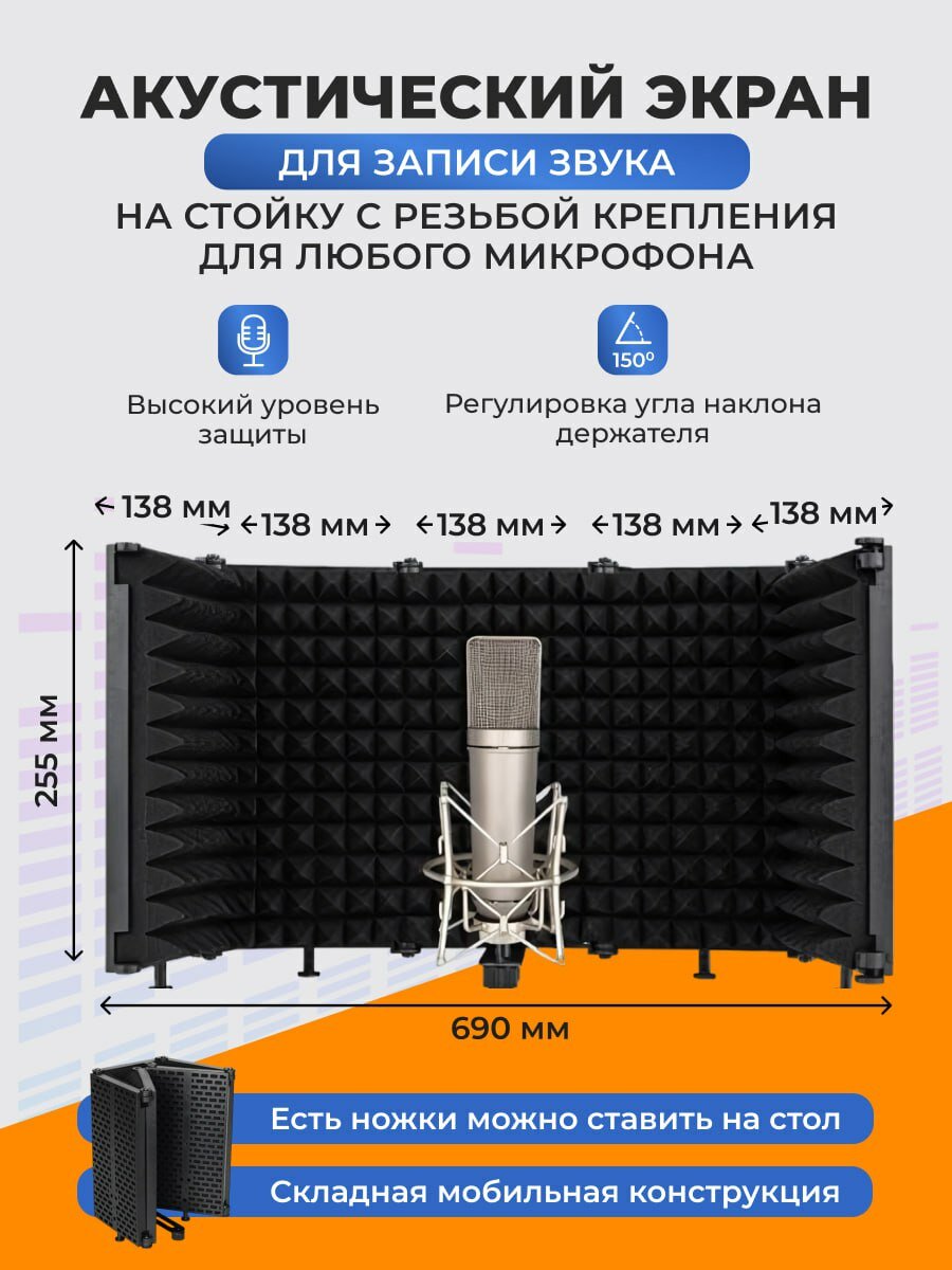Акустический экран для микрофона 5 секций с микрофонной стойкой