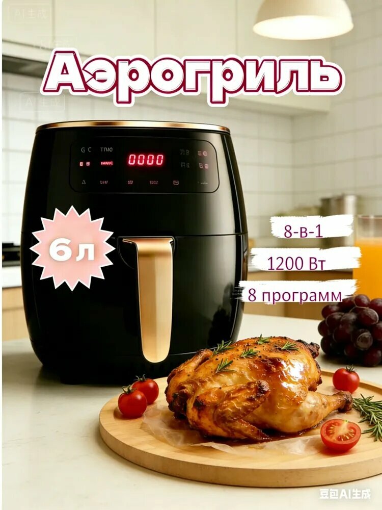 Аэрогриль сенсорный 6 л 1200 Вт, 8 программ приготовления, антипригарное покрытие, без масла, черный