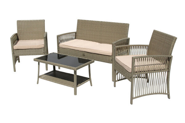 Набор мебели Лондон арт. GS9026 серо-бежевый, бежевый 1 уп. (стол+2кресла+диван ротанг серо-бежевый, подушки бежевые) "Garden story"