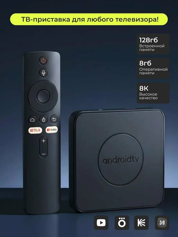Смарт ТВ приставка 8К для телевизора, Андроид медиаплеер с Wi-Fi, Bluetooth и пультом