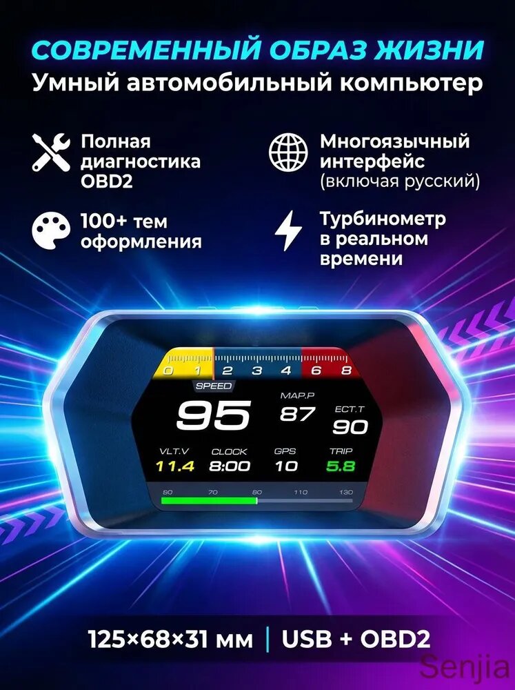 Компьютер бортовой для авто, 12 Вт, OBD2, диагностика, 100+ тем оформления, многоязычный интерфейс