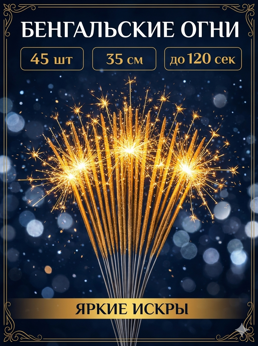 Бенгальский огонь декорированный золотом длина 35 см 120 сек