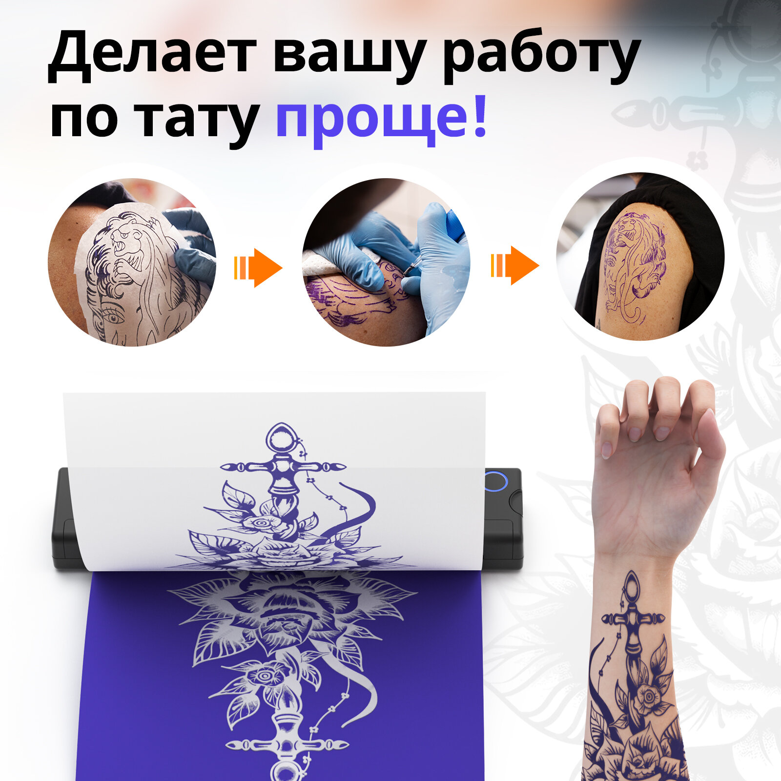 Портативный тату-принтер формата А4 для документов, этикеток, татуировок, термопечать без чернил, Bluetooth+ USB