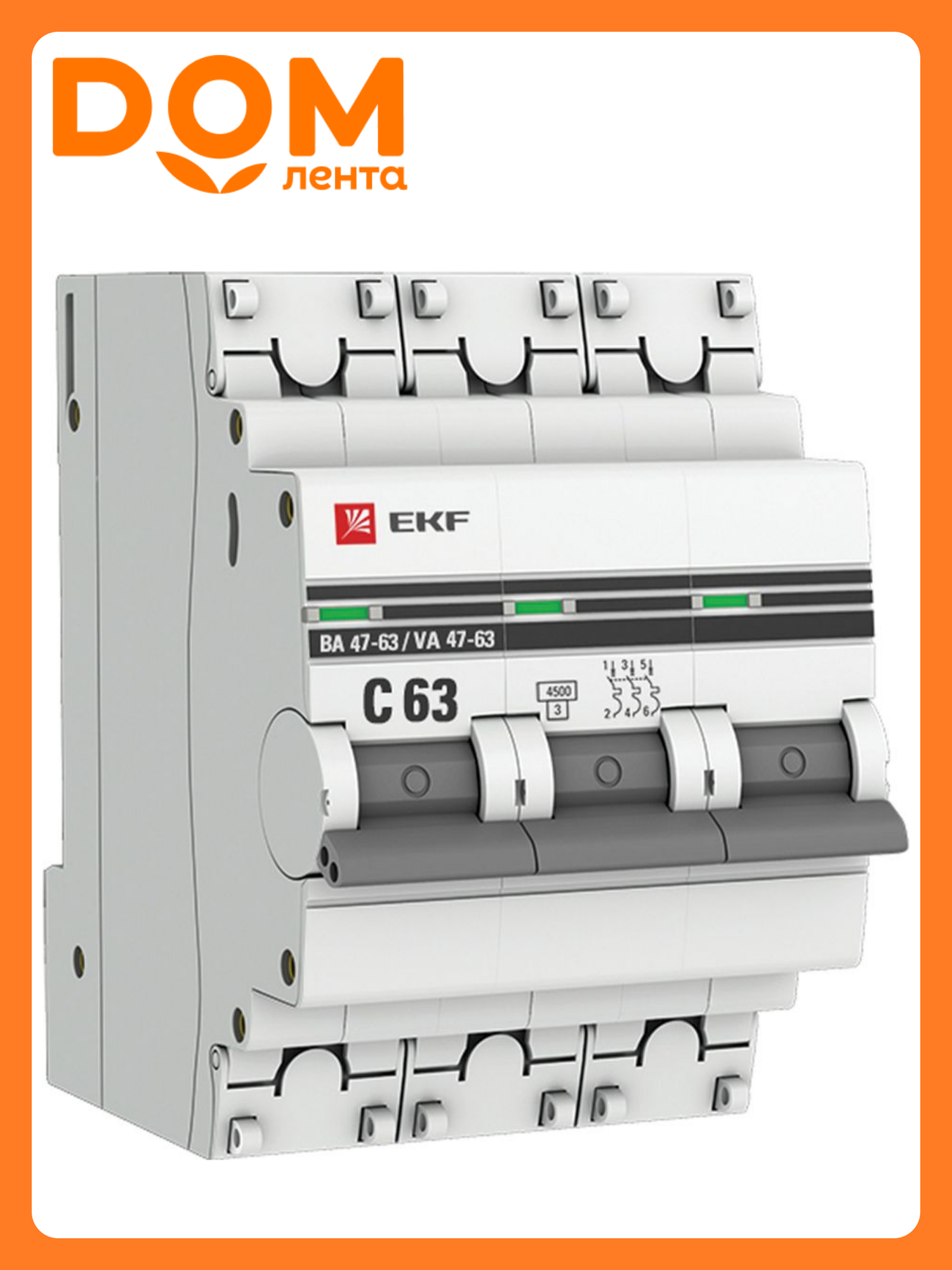 Автоматический выключатель EKF PROXIMA, 3 полюса, 63A, IP20, монтаж на DIN-рейку