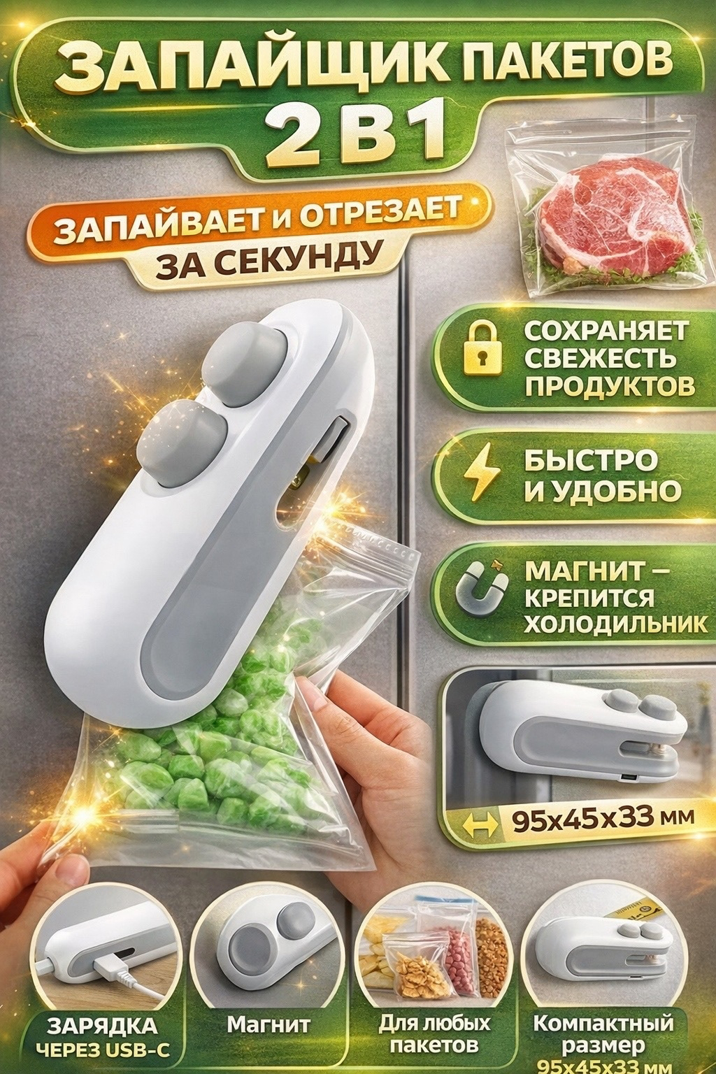 Запайщик пакетов портативный, ручной мини запайщик для продуктов, запаиватель с ножом, машинка для запайки, на магните