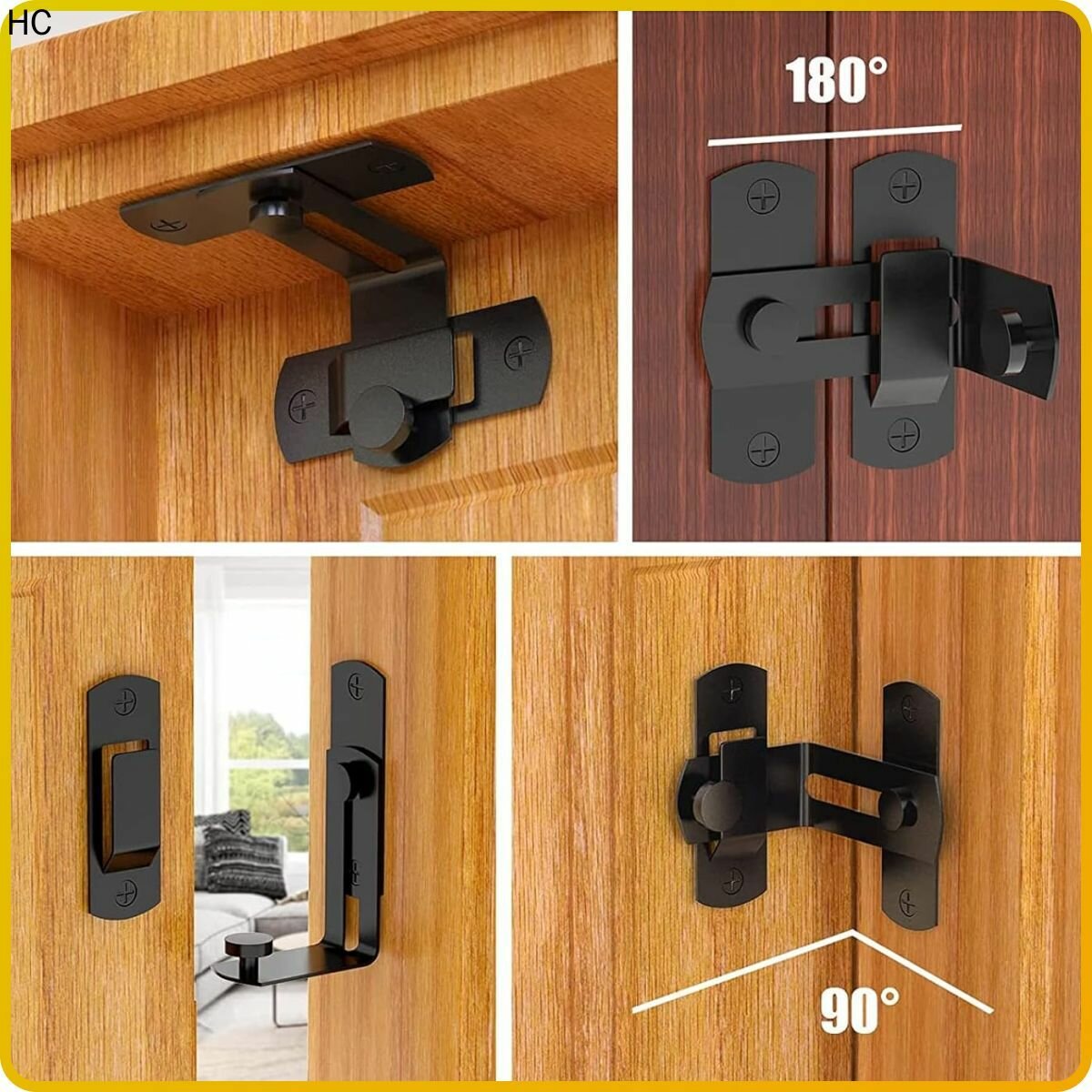 Шпингалет угловой накладной, засов, задвижка дверная угловая, черный, WiseBuys