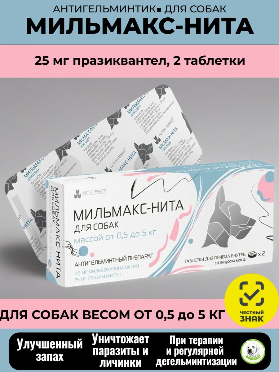 Таблетки от глистов и прочих паразитов со вкусом мяса Мильмакс-Нита для собак весом 0,5-5 кг, 2 таб.