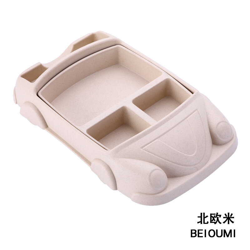 Набор детской посуды с тарелкой, ножом, вилкой, ложкой и чашкой - 6 предметов для детского сада, тарелка с разделителями в форме машинки, детская посуда с мультяшным рисунком для прикорма.